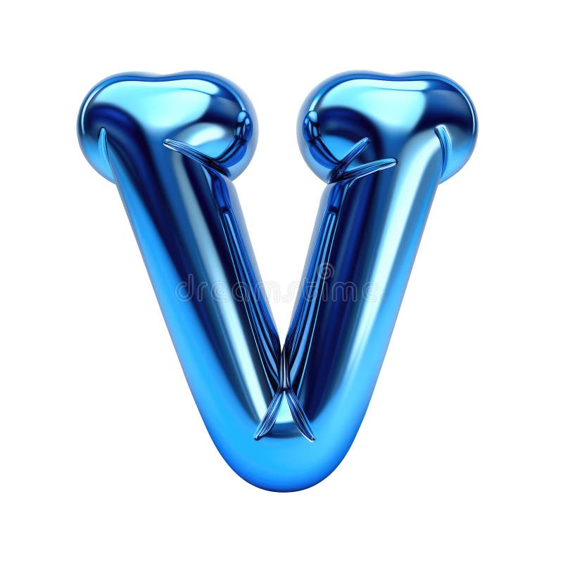 Blue Metallic V Alphabet Balloon Realistic 3D on White Background Stock ...