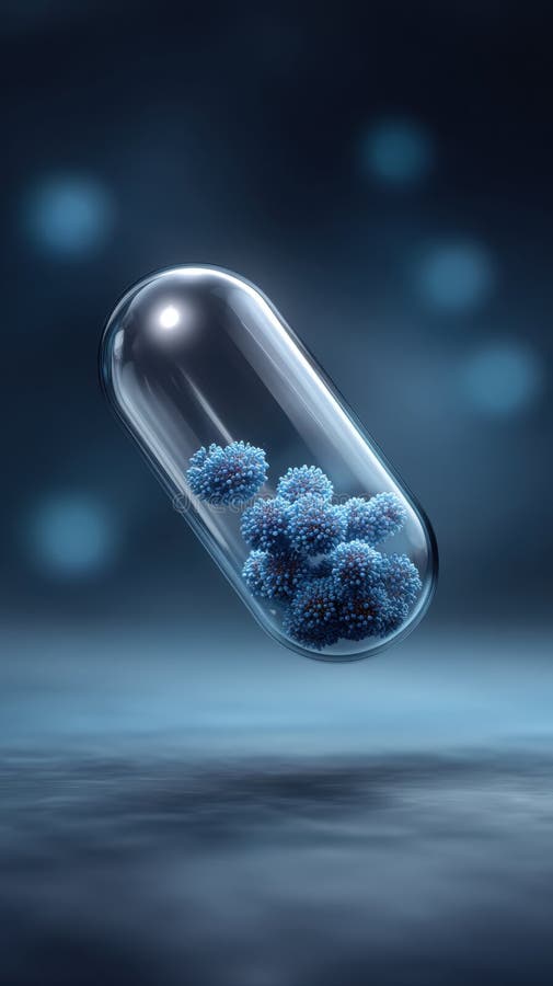Blue Microbes in Transparent Capsule Floating in Dark Environment Stock ...