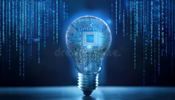 A Blue Microcircuit in a Light Bulb on a Dark Background with Coding ...