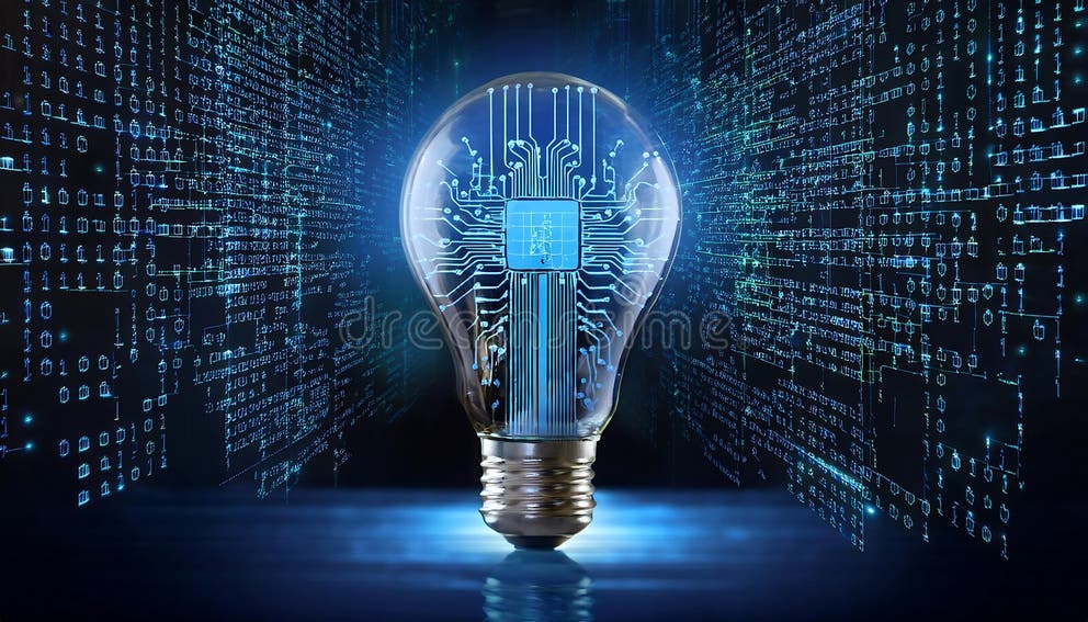 A Blue Microcircuit in a Light Bulb on a Dark Background with Coding ...