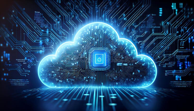 Blue Microcircuit In The Shape Of A Cloud On A Dark Background With Coding And Programming
