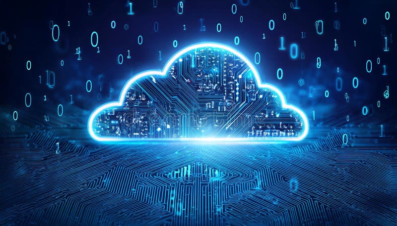 Blue Microcircuit In The Shape Of A Cloud On A Dark Background With Coding And Programming