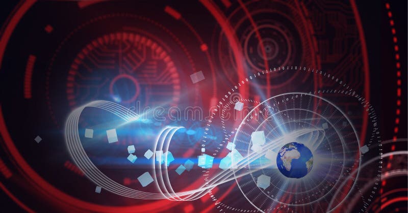 Blue Microprocessor Connections and Round Scanner Over Globe Against ...