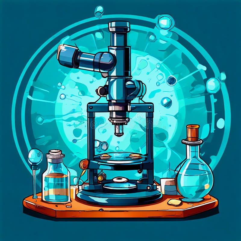 Blue Microscope and Lab Bottles Stock Illustration - Illustration of ...