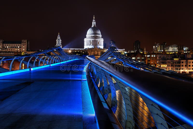Blue Millenium Bridge at Night Editorial Stock Photo - Image of kingdom ...