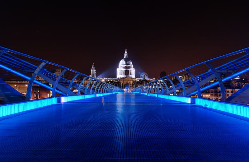 Blue Millenium Bridge at Night Editorial Photo - Image of illuminated ...