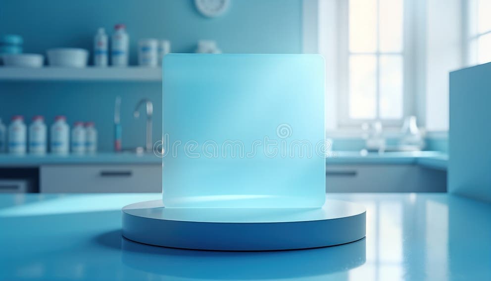 Blue Minimalist Lab Setting Features Circular Transparent Platform ...