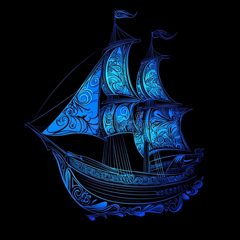 Blue Ship with Sails on a Black Background Stock Illustration ...