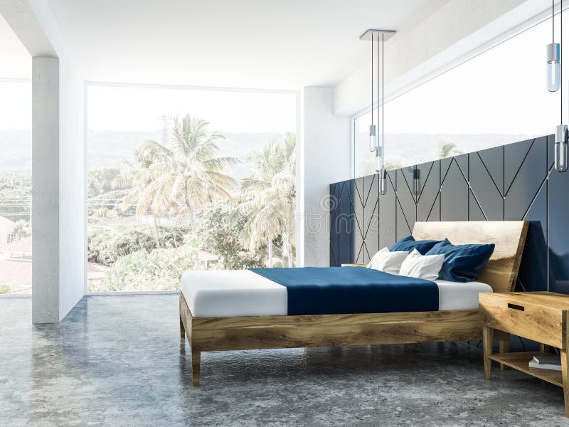 Blue Minimalistic Bedroom, Double Bed Side View Stock Illustration ...