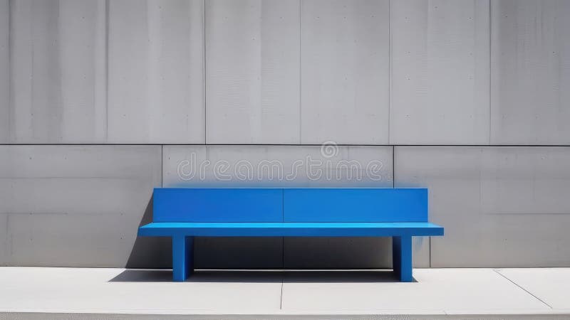 Blue Minimalistic Bench Against Gray Concrete Wall. Daylight. Copy ...
