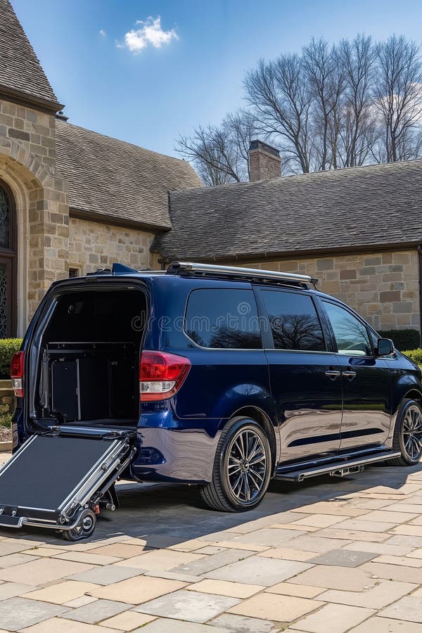 A Blue Minivan Parked in Front of a House with a Ramp Attached To it ...