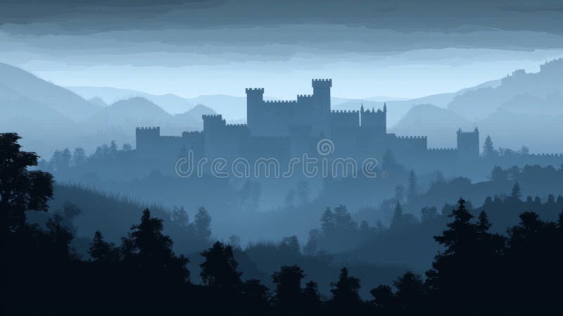 Blue Mist Shrouds Medieval Castle Amidst Mountains Stock Illustration ...