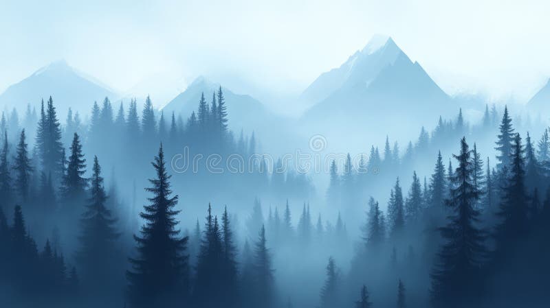 Blue Misty Mountain Forest Landscape Stock Illustration - Illustration ...