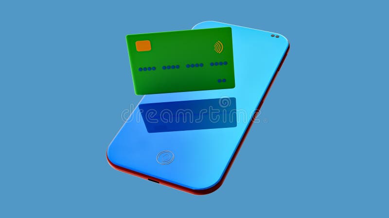 Blue Mobile Phone with Credit Card. Isolated on Blue Background. 3D ...