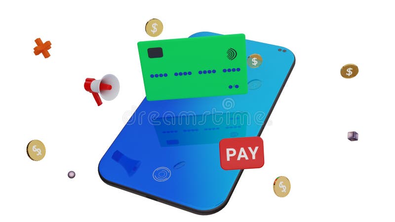 Blue Mobile Phone with Credit Card. Isolated on White Background. 3D ...