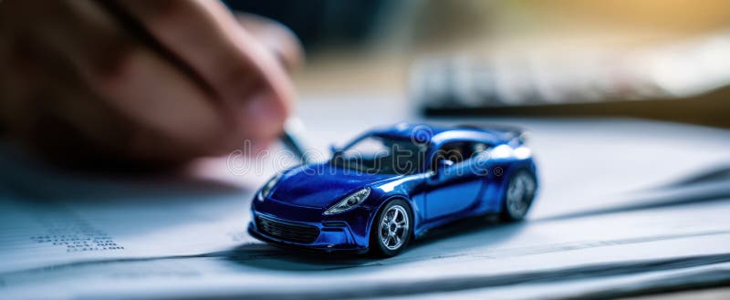 The Blue Model Car on Paperwork with a Hand Writing Notes..AI Generated ...