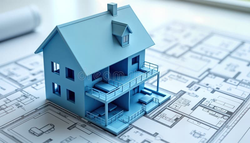 Blue Model House Sits on Architectural House Plans. Model Home Design ...