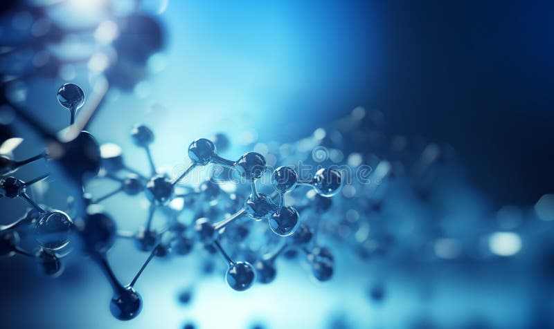 Blue Molecule Atoms Structures on Blue Liquid Serum Background. Science ...