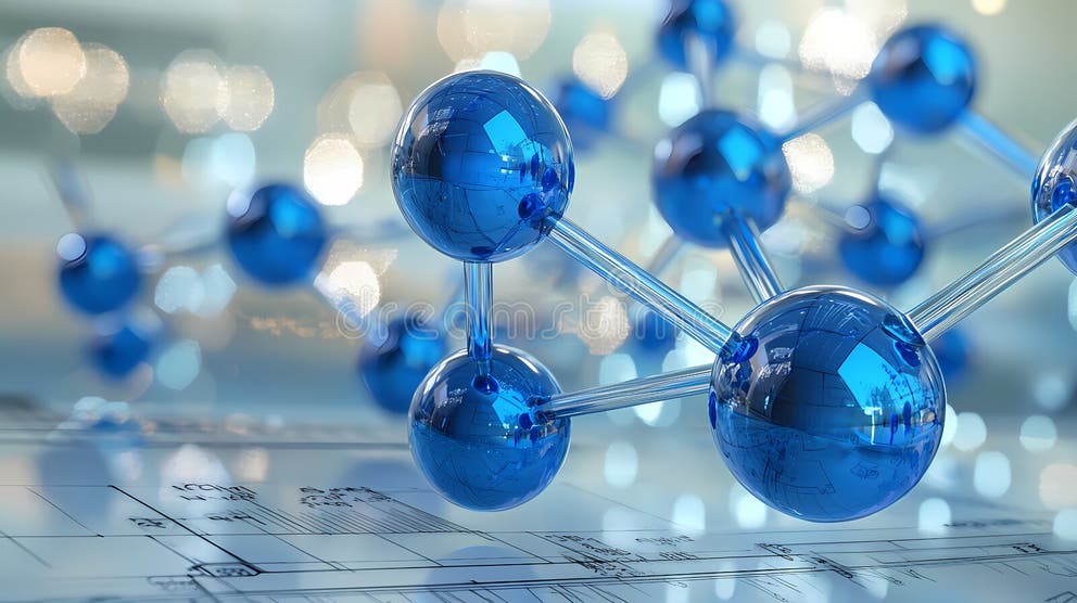 Blue Molecule Structure Floating Over Engineering Blueprint Stock ...