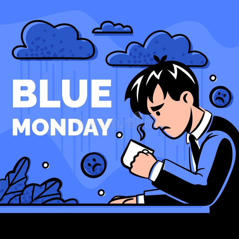 Blue Monday Illustration with an Upset Office Employee Drinking Coffee ...
