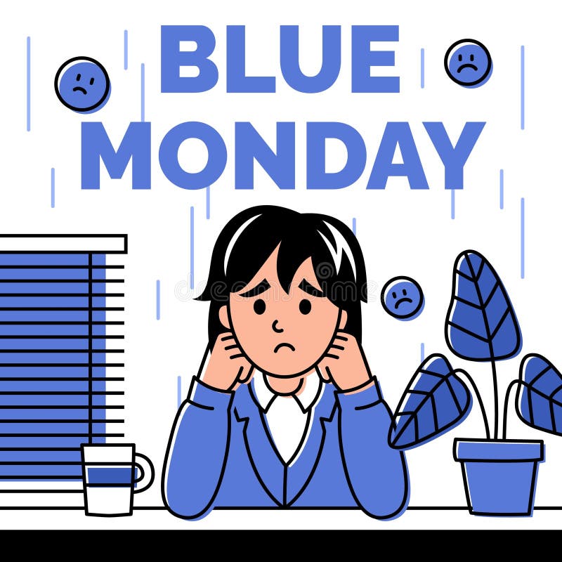 Blue Monday Illustration with an Upset Office Employee Drinking Coffee ...