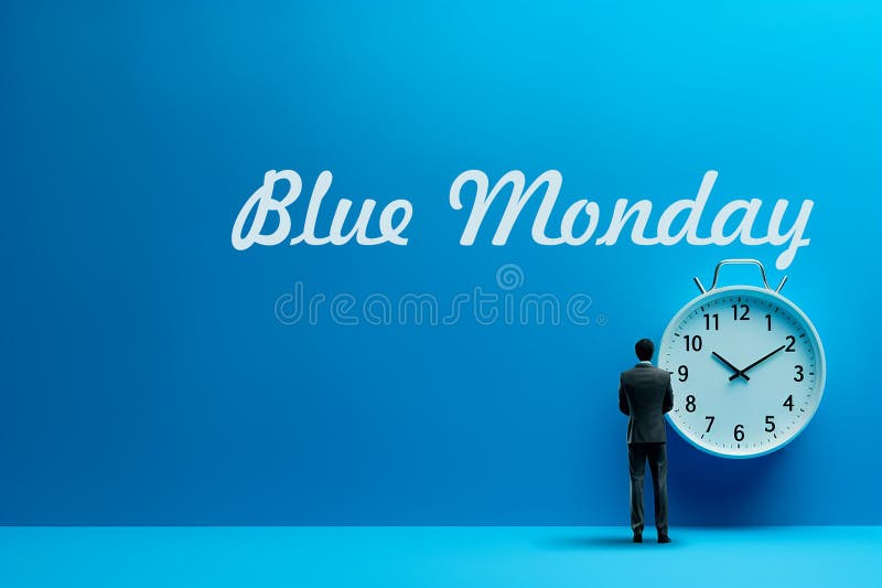 Blue Monday Words on Blue Colored Background with Clock and Man Stock ...