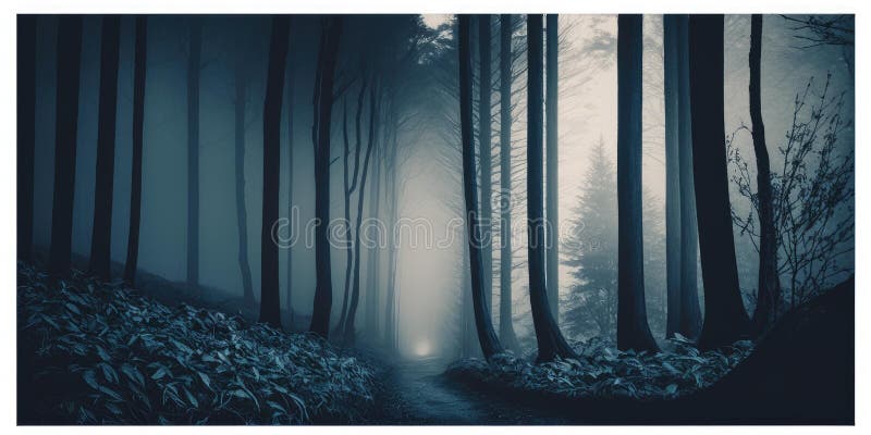 Blue Monochrome Color Haunted Path in Dark Forest Stock Illustration ...
