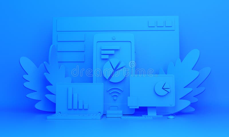 Blue Monochrome Workplace Background. Installation of Objects for Work ...