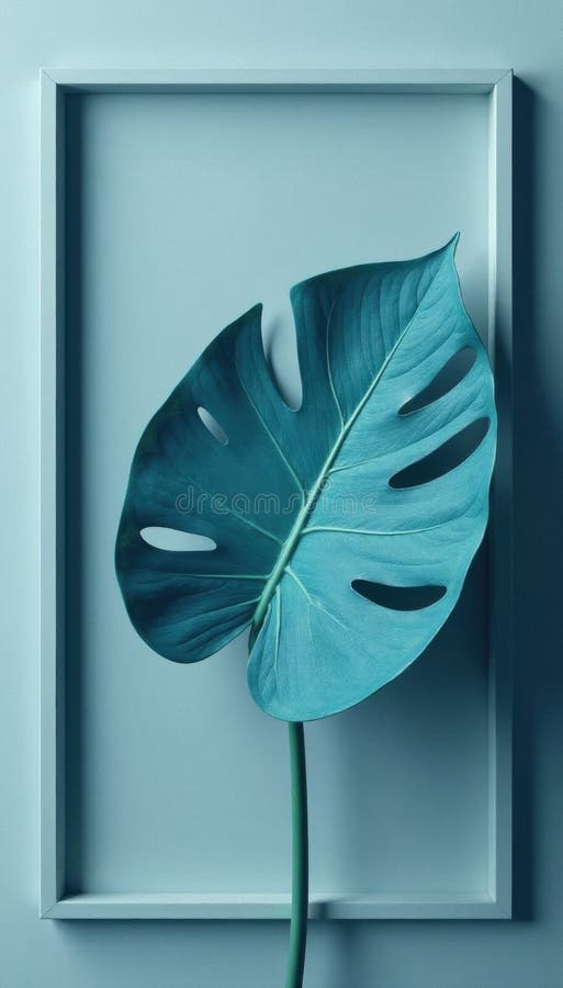 Blue Monstera Leaf on a Muted Gray Square Frame Perfect for Backgrounds ...