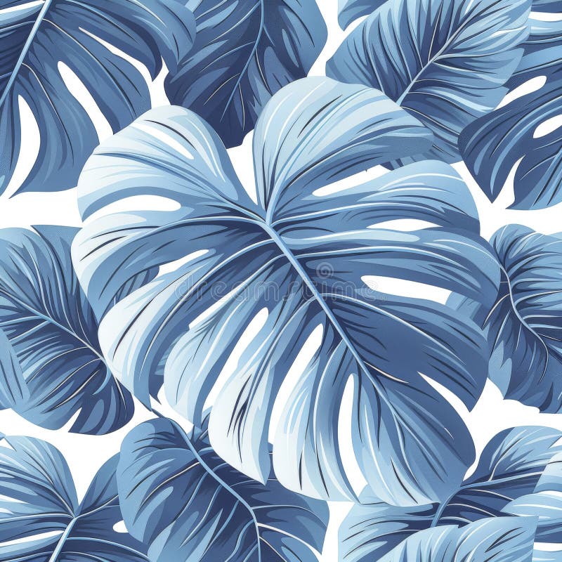 Blue Monstera Leaf Pattern, Watercolor Illustration on White. Stock ...