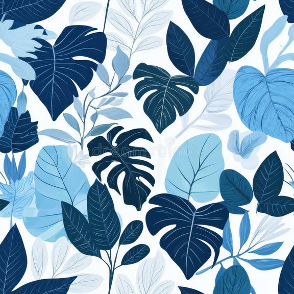 Blue Monstera Leaves Pattern: Modern Tropical Botanical. Stock Photo ...