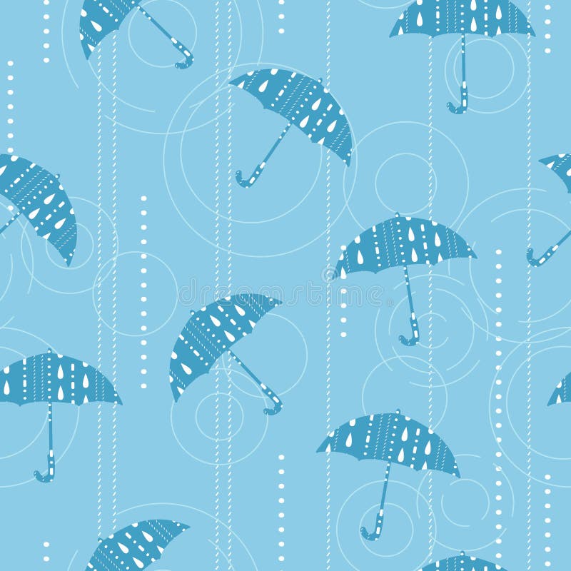 Blue Moody Rainy Day and Umbrella Vector Graphic Art Seamless Pattern ...