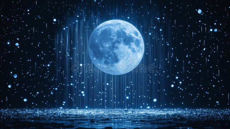 Blue Moon Night, Fantasy Landscape. Magic Particles Fall from Space ...