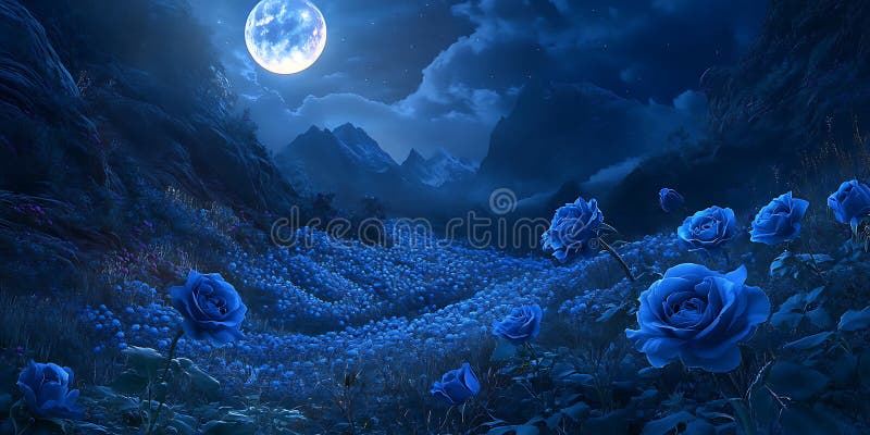 Blue Moonlit Night Enchanting Flower Field Background Stock ...