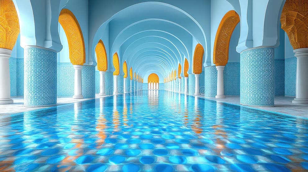 Blue Moroccan Pool Hall, Arched Ceiling, Sunlight Reflection, Spa ...