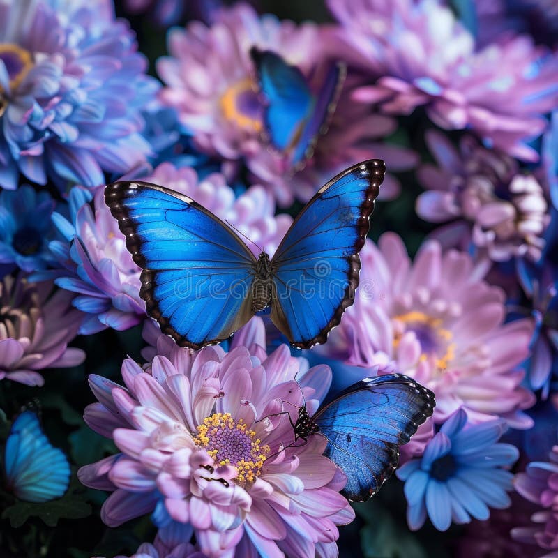 Blue Morpho Butterflies on Purple and Blue Flowers Stock Illustration ...