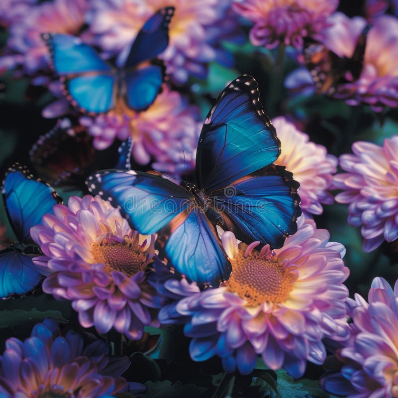 Blue Morpho Butterflies on Purple Mums Stock Illustration ...