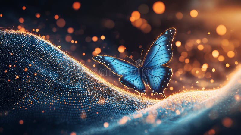 Blue Morpho Butterfly on Glowing Particle Wave Abstract Background ...