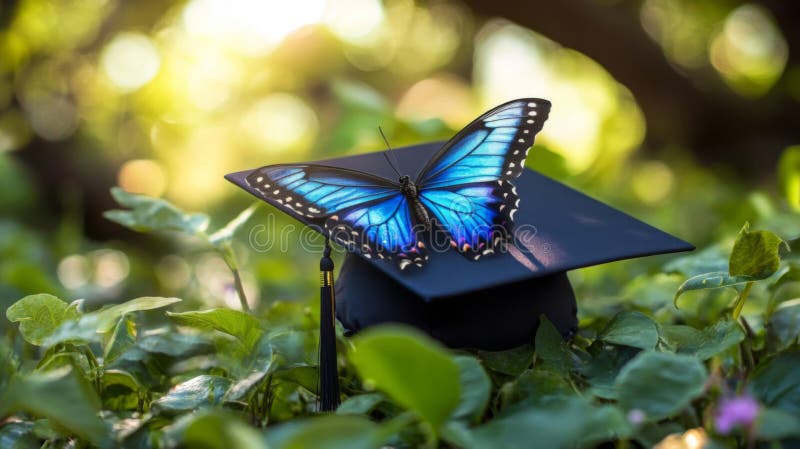 Blue Morpho Butterfly on Graduation Cap in Lush Greenery Stock ...