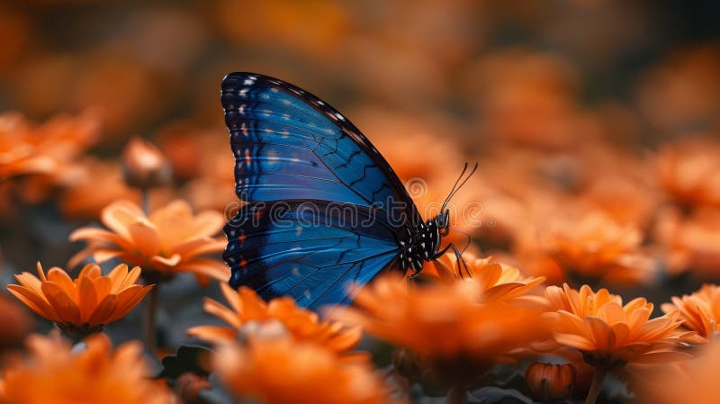 Blue Morpho Butterfly on Orange Flower Stock Illustration ...