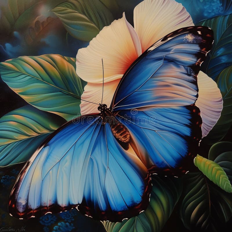 Blue Morpho Butterfly on a White Flower Stock Illustration ...