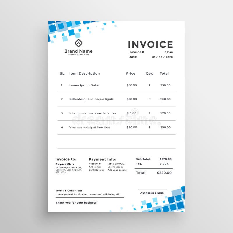 Blue Invoice Template Design Vector Stock Vector - Illustration of minimalism, color: 106976714