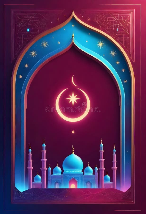 A Blue Mosque with a Blue and Gold Arch Frame, Stars, and Islamic ...