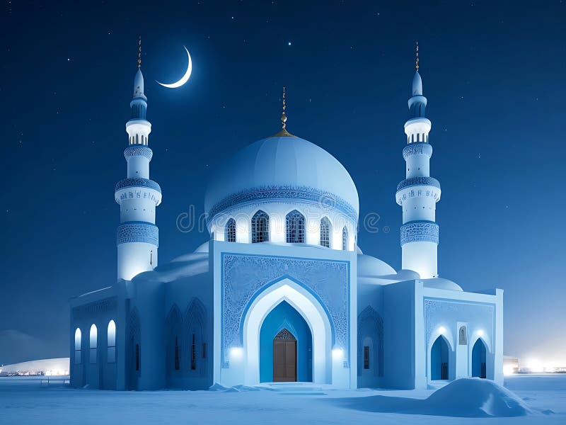 A Blue Mosque with a Moon in the Night Sky Stock Illustration ...