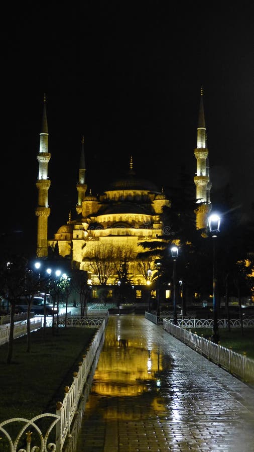 The Blue Mosque at night stock image. Image of religious - 56393107