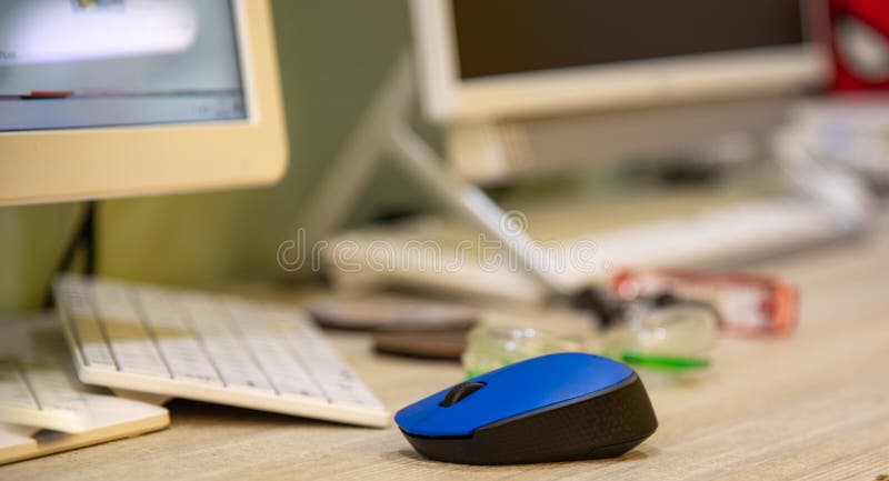 Blue Mouse on the Work Desk in Home Office Stock Photo - Image of ...