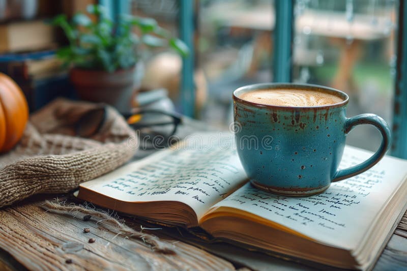 Blue Mug of Coffee on Open Book Near Window Stock Photo - Image of ...