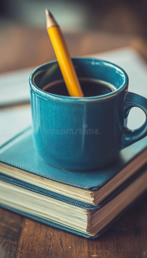 Blue Mug with Coffee, Pencil, on Open Books Cozy Workspace for Writer ...