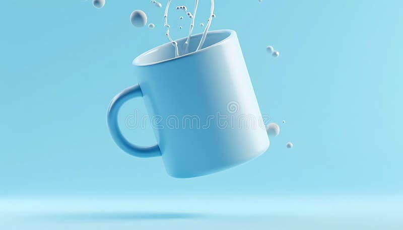 Blue Mug Pouring Liquid with Bubbles on Light Blue Background Stock ...