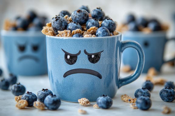 A Blue Mug with a Sad Face Filled with Blueberries Stock Image - Image ...